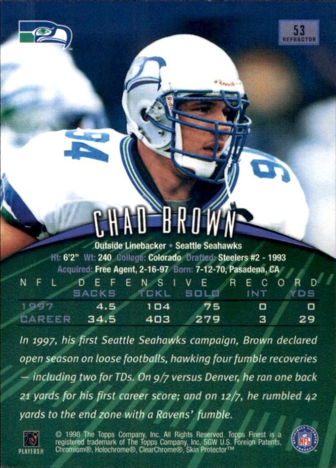 1998 Finest REFRACTOR #53 Chad Brown SEATTLE SEAHAWKS COLORADO ...