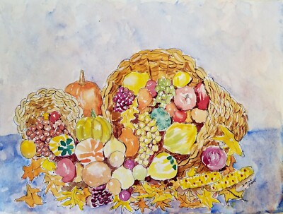 Original watercolor and ink still life cornucopia 9" by 12" - 16 | eBay
