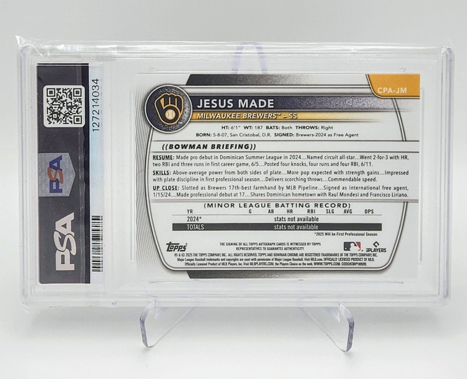 2025 Bowman Chrome Prospect Auto Jesus Made Orange Reptilian /25 PSA 9 ...