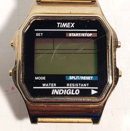 Mens Timex Indiglo 555 SS Men Gold Streach Band Stainless Steel Digital ...