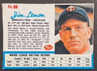 Jim Lemon 1962 POST Baseball Card #89, Big Slugger, Minnesota Twins ...