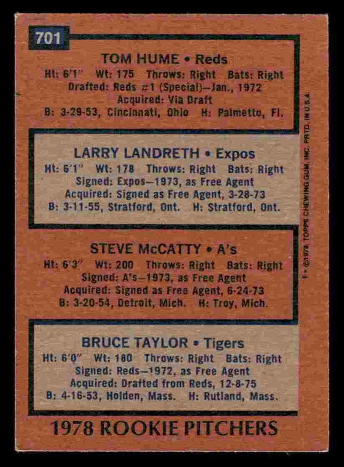 1978 Topps Rookie Pitchers (Hume / Landreth / McCatty / Taylor) #701 | eBay