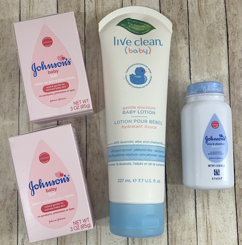 1)Live Clean Baby Lotion 7.7oz +2)Johnson's Baby Bar Soaps & 1)Powder ...