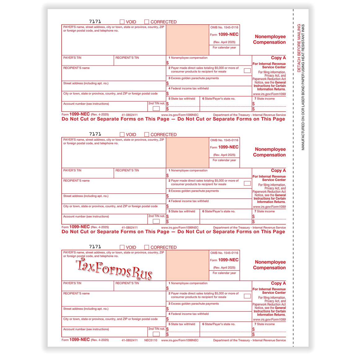 2025 IRS TAX FORMS KIT: 1099-NEC 6 recipients +envelopes + (1)1096 ...