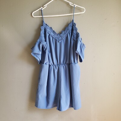 Doe & Rae Romper Cold Shoulder Embroidered Crochet Baby Blue Stretch ...