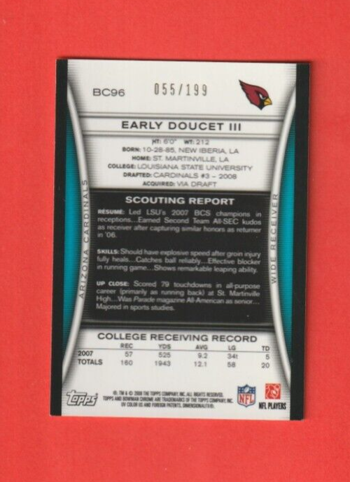 2008 Bowman Chrome ROOKIES SILVER # BC96 Early Doucet ARIZONA CARDINALS ...