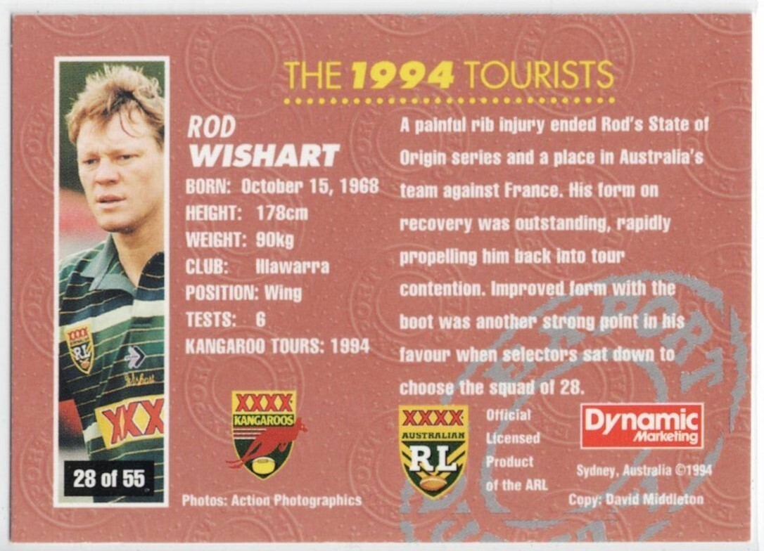 1994 DYNAMIC Rugby League - #28 ROD WISHART - '94 KANGAROOS - See ...