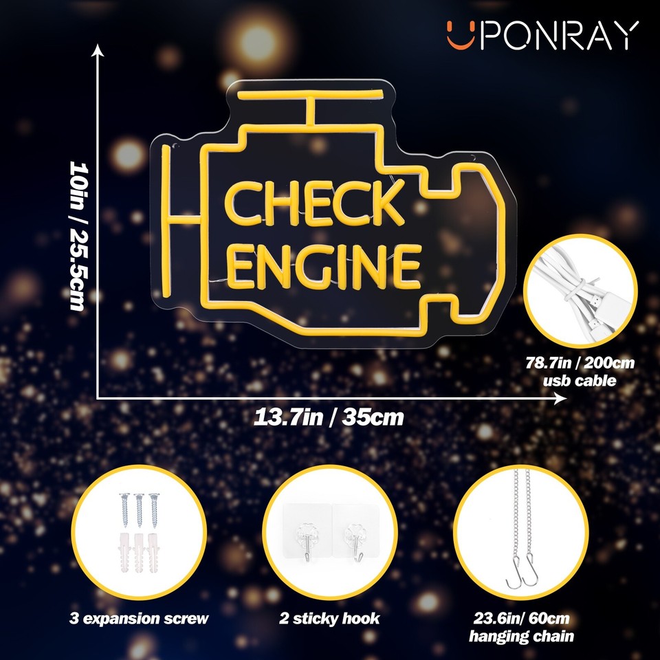 Check Engine Neon Sign Man Cave Decor LED Light Garage Wall Art Funny ...