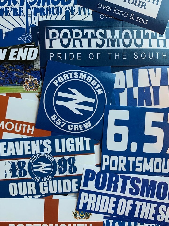 100 x Portsmouth Stickers based on Shirt Pompey Play Up Flag Poster Cap ...