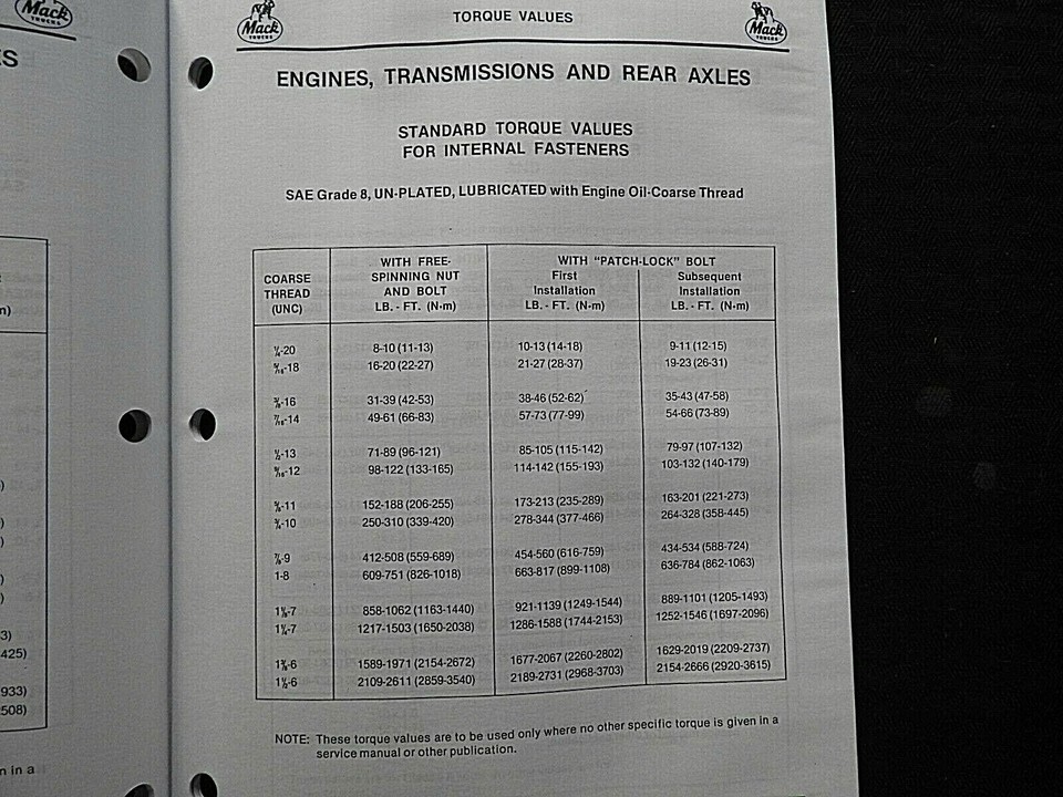 1980-1986 GENUINE MACK SEMI TRUCK "FASTENER TORQUE SETTINGS" MANUAL ...