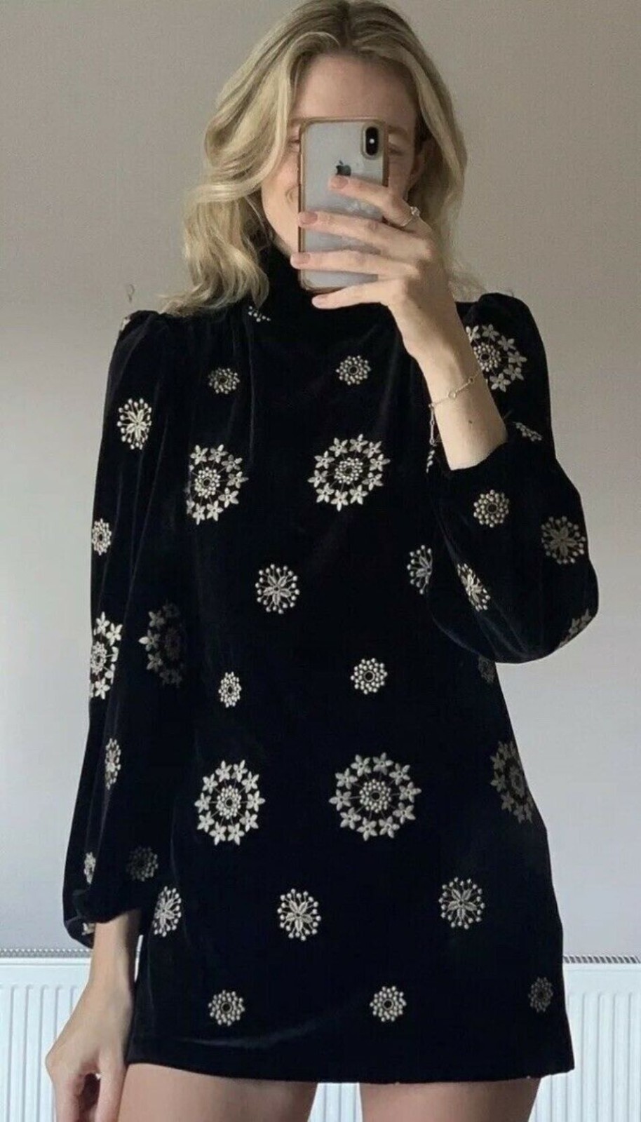ZARA BLACK VELVET DOILY FLORAL EMBROIDERED HIGH NECK BALLOON SLEEVES ...