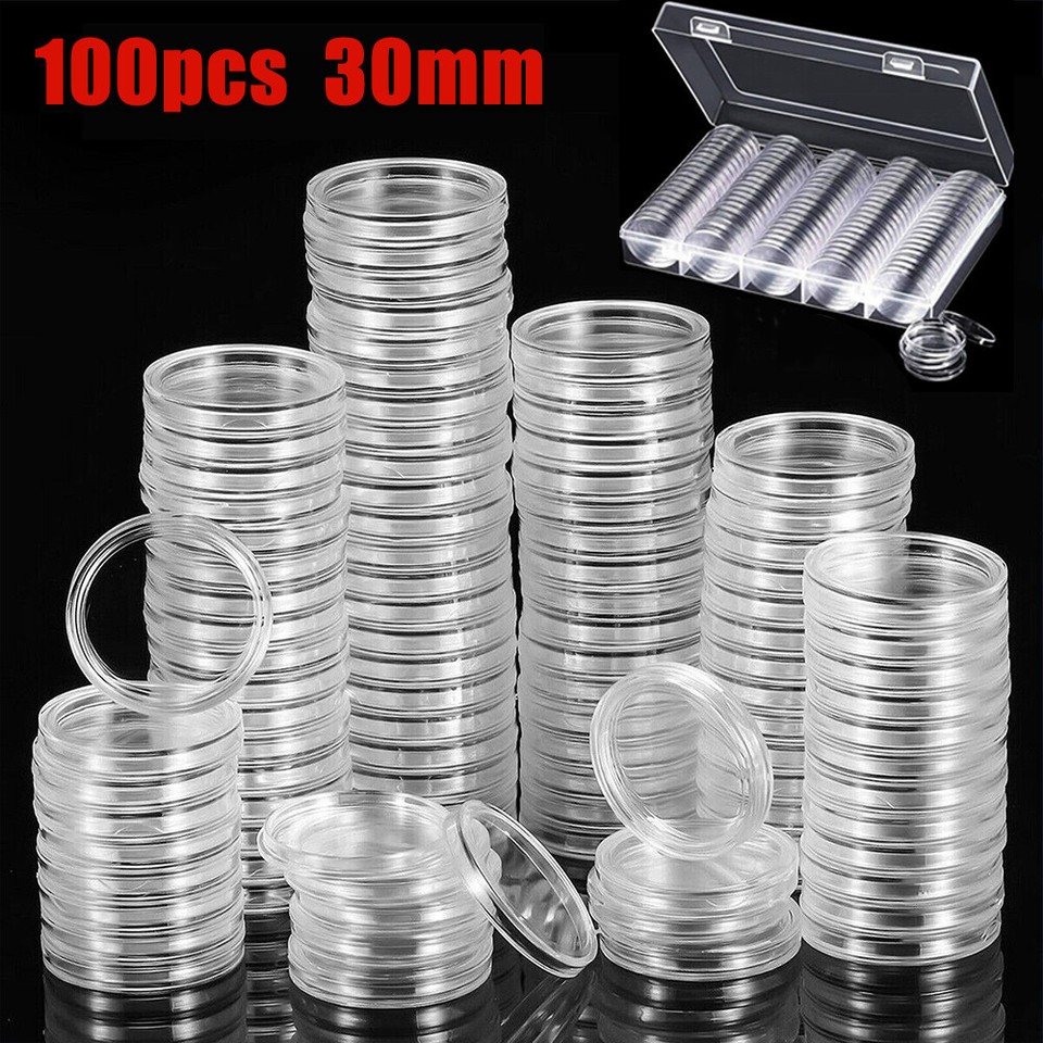 100PCS 30mm Silver Gold Coin Cases Capsules Holder Clear Plastic Round ...