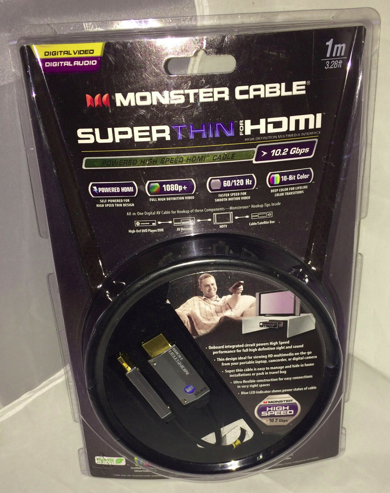 Monster SuperThin Powered High Speed HDMI Cable 10.2Gbps 3.3ft/1m Video ...