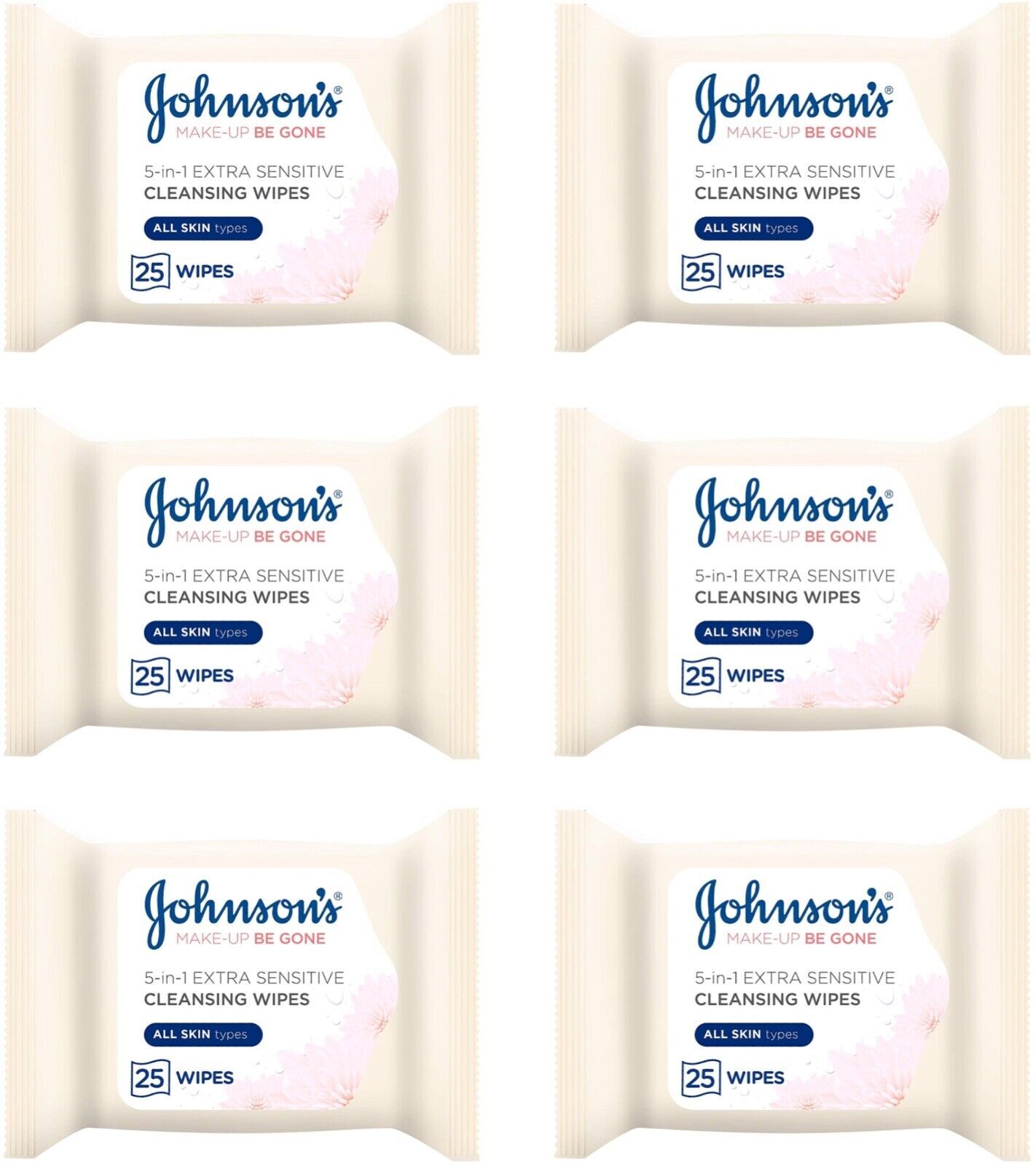 Johnson's Makeup Be Gone Extra-Sensitive Wipes, 25 Wipes Per Pack x 6 ...