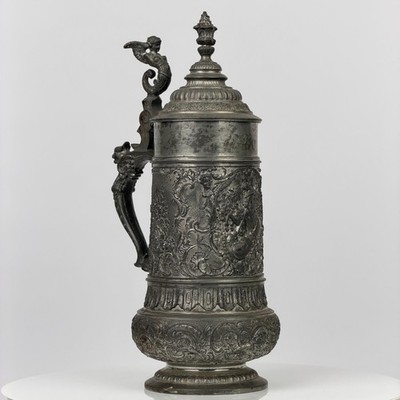 Antique German Pewter Tankard – 1909 Lidded Raised Figural Relief 12 ...