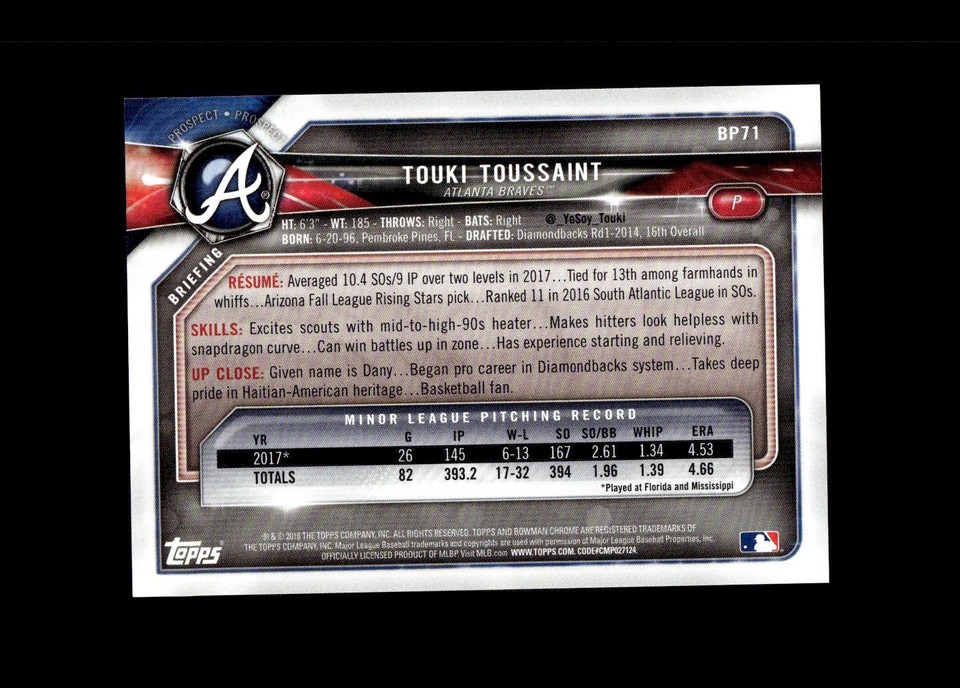 2018 Bowman Prospects Blue #BP71 Touki Toussaint Atlanta Braves #/150 ...