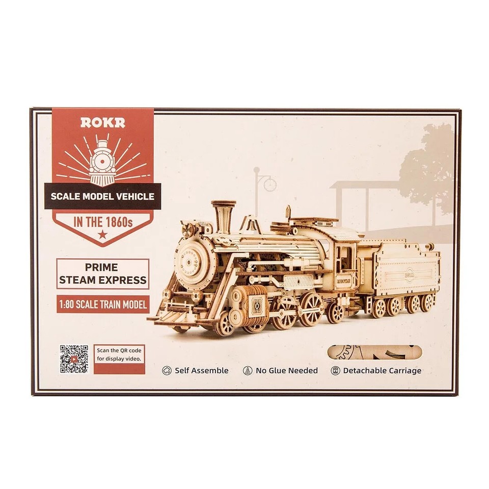 STEAM EXPRESS Train Engine Locomotive RR Wood Scale Model Kit ROKR 3D ...