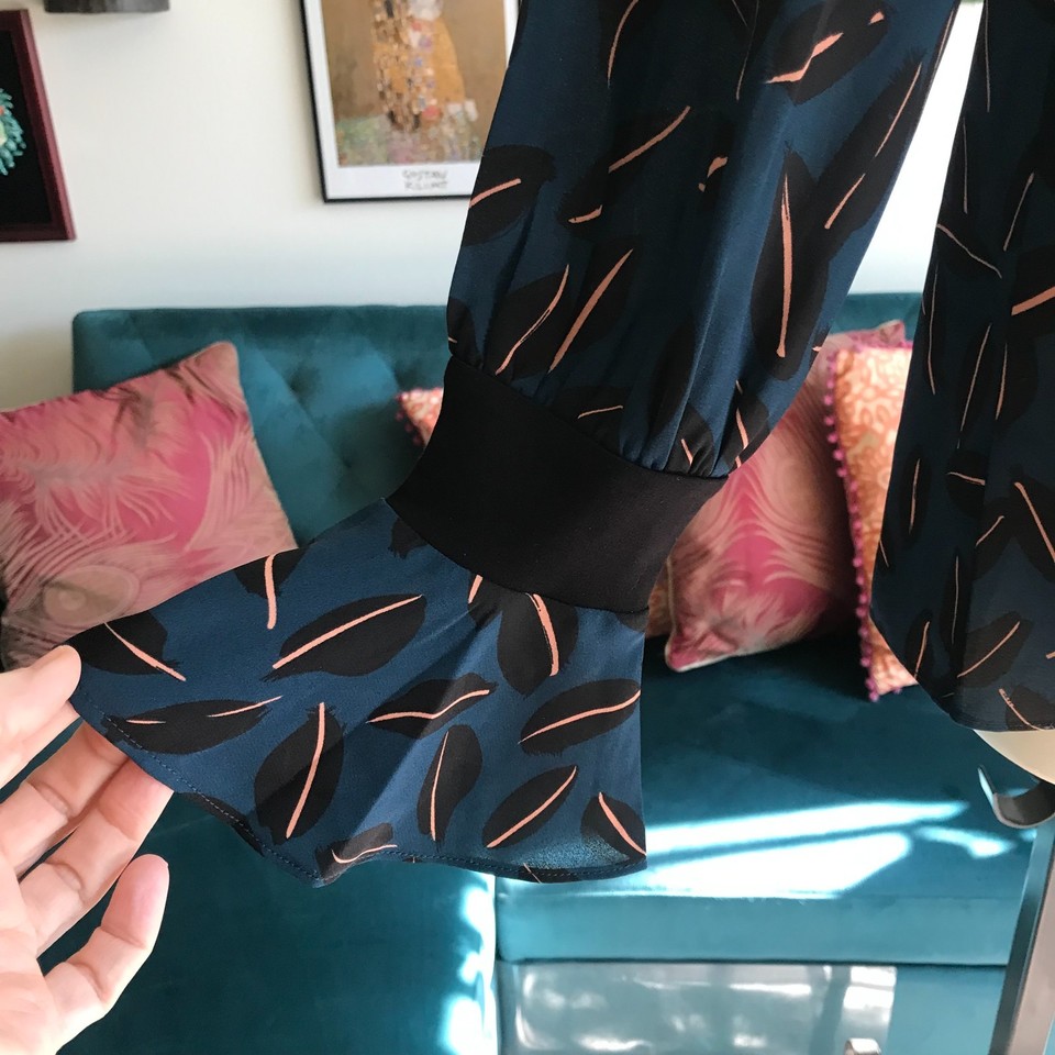 CAbi size S Teal Blue & Black Shadow Leaf Print Popover Blouse Top ...