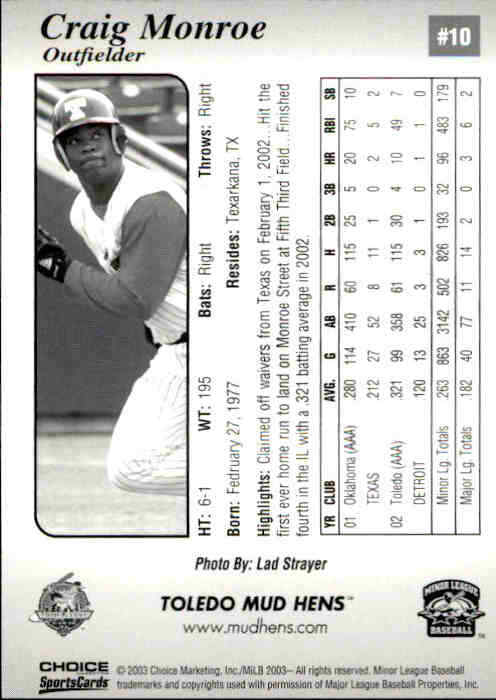 2003 Toledo Mud Hens Choice #10 Craig Monroe Texarkana Texas TX ...