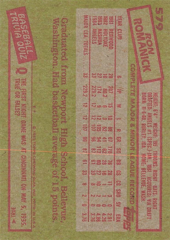 1985 Topps #579 Ron Romanick Angels | eBay