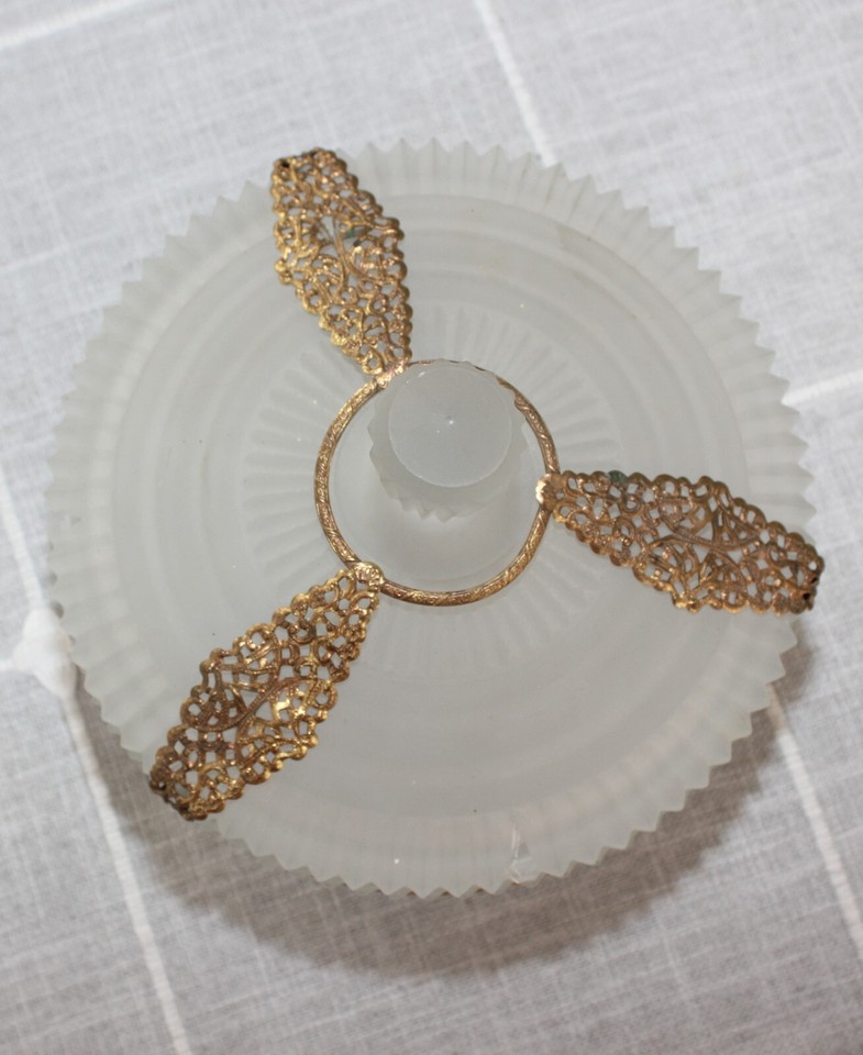 Hocking QUEEN MARY Frosted Glass Footed Candy Dish Brass Ornate ...