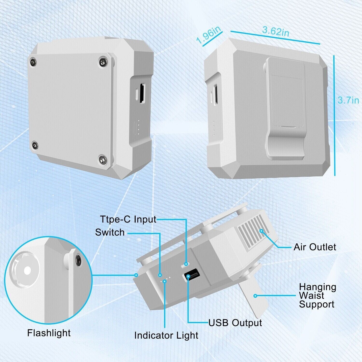 2PCS Rechargeable Power Bank Fan Cooling Fan Hanging Portable Waist ...