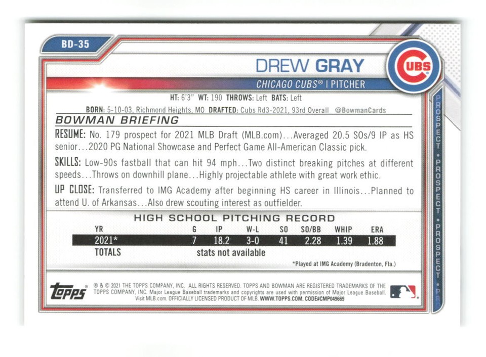 2021 Bowman Draft Drew Gray #BD-35 1st Bowman Chicago Cubs Baseball ...