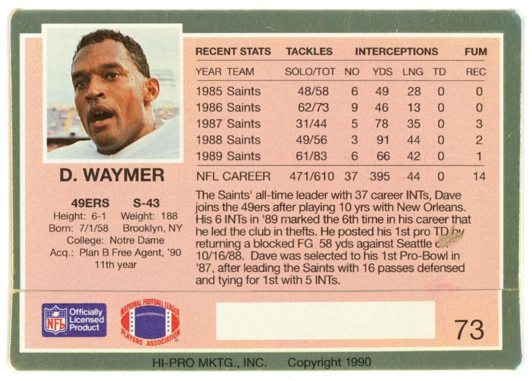 1990 Action Packed Rookie Update Dave Waymer San Francisco 49ers #73 | eBay