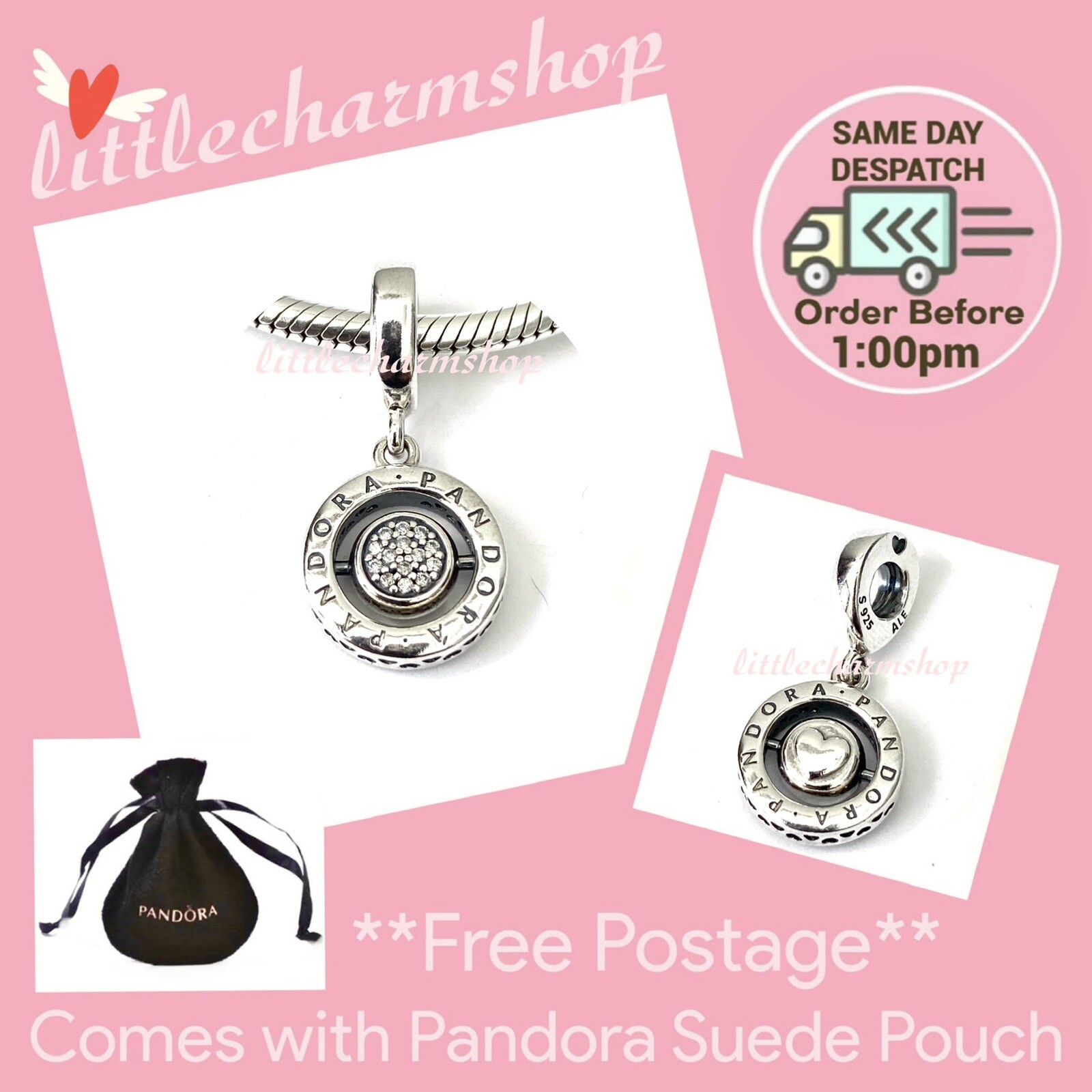 NEW Authentic PANDORA Spinning Logo & Pave Dangle Charm - 797430CZ ...
