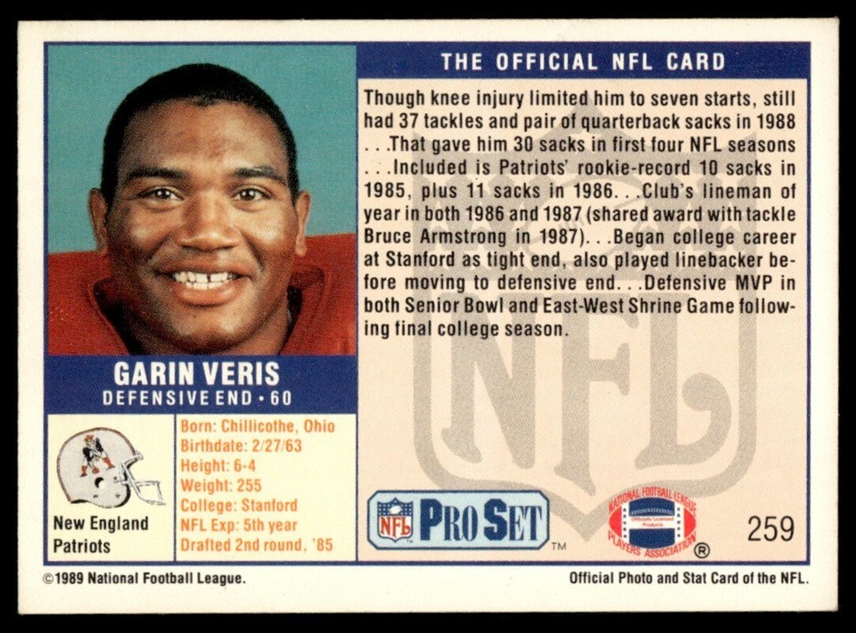 1989 Pro Set #259 Garin Veris New England Patriots | eBay