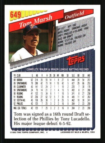 Tom Marsh 1993 Topps Gold #649 Baseball Card | eBay