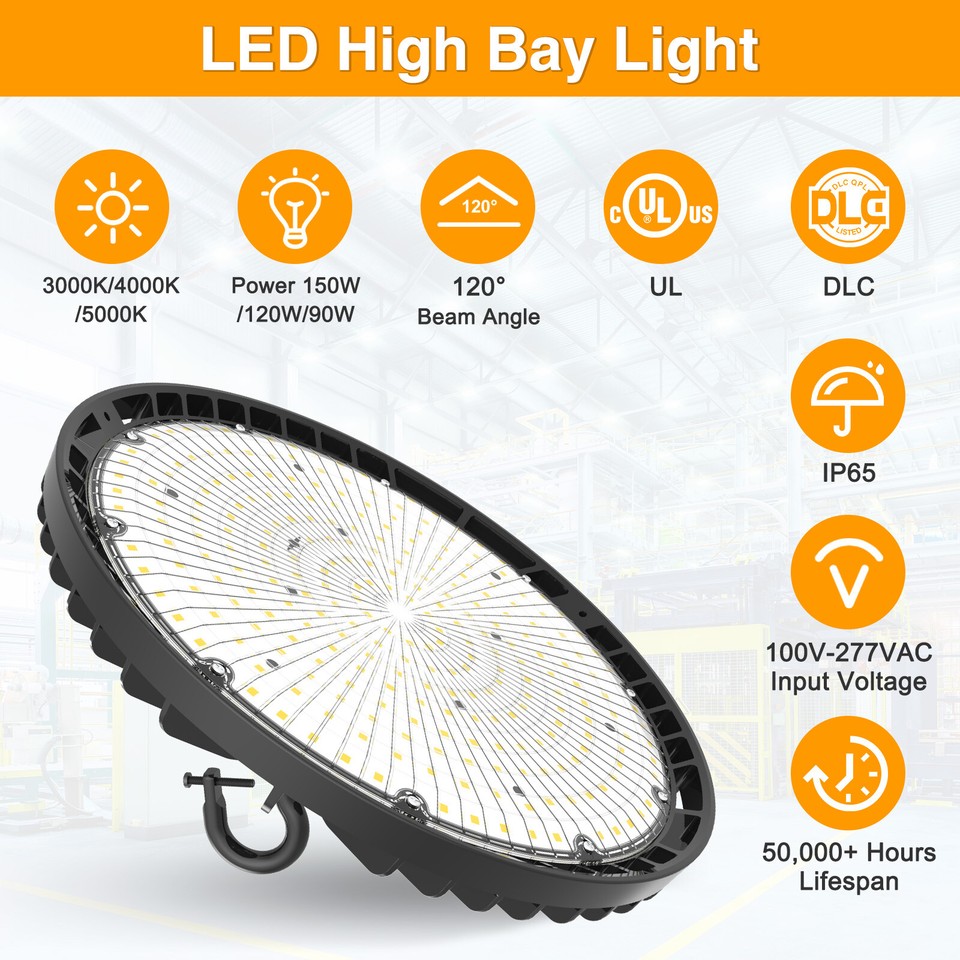 150W Dimmable LED High Bay Warehouse Light Fixture Adjustable 3000K ...