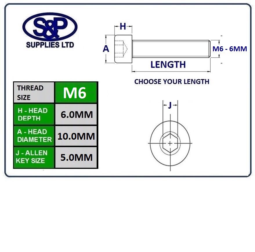 6MM (M6 - 6MM) STAINLESS STEEL SOCKET CAP SCREW ALLEN BOLT 10MM TO ...