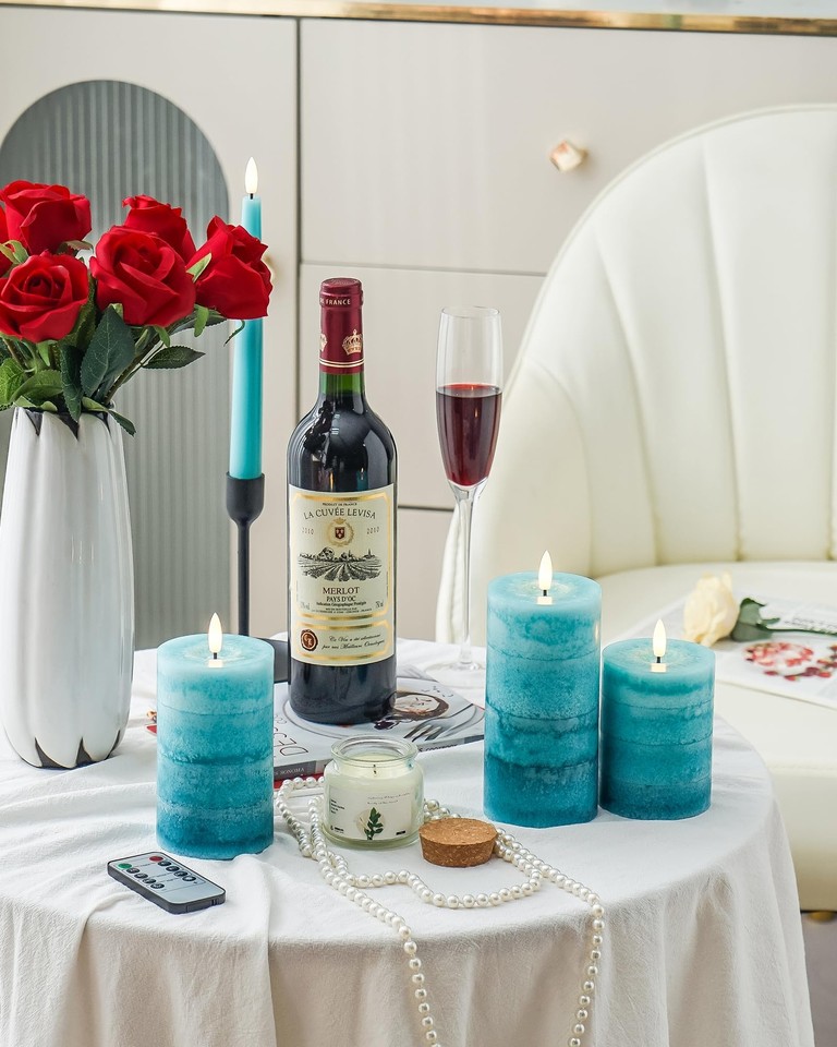 Gradient Teal Flameless Candles With Remote And Timer Real Wax Made Led ...