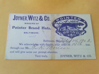 RARE 1902 POSTCARD JOYNER WITZ MAKERS DOG POINTER BRAND HATS BALTIMORE ...