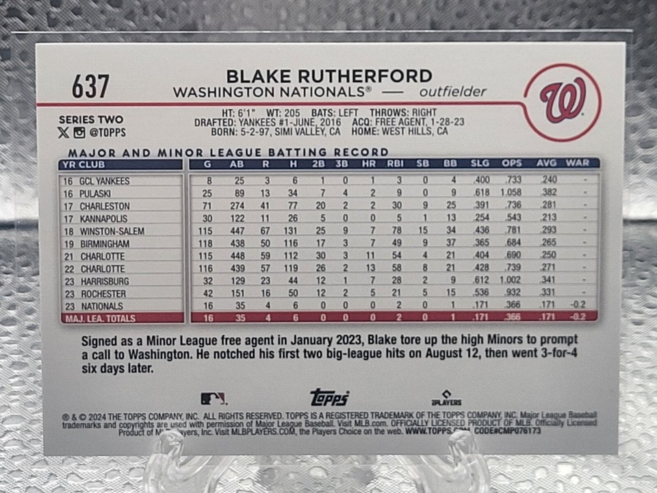 2024 Topps Series 2 Blake Rutherford Blue Parallel Washington Nationals ...
