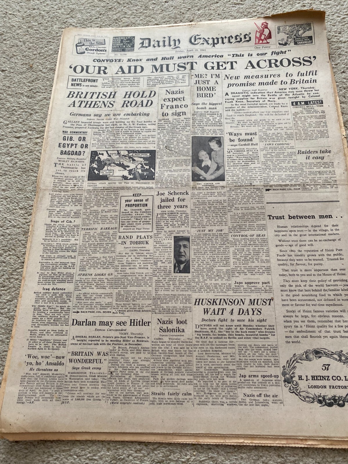 Daily Express Newspaper 1941 April 25th Joe Schenck HMS Prince of Wales ...