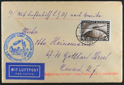 RARE: 1929 Germany Zeppelin Airmail Cover with 4M Airmail Stamp LZ127 ...