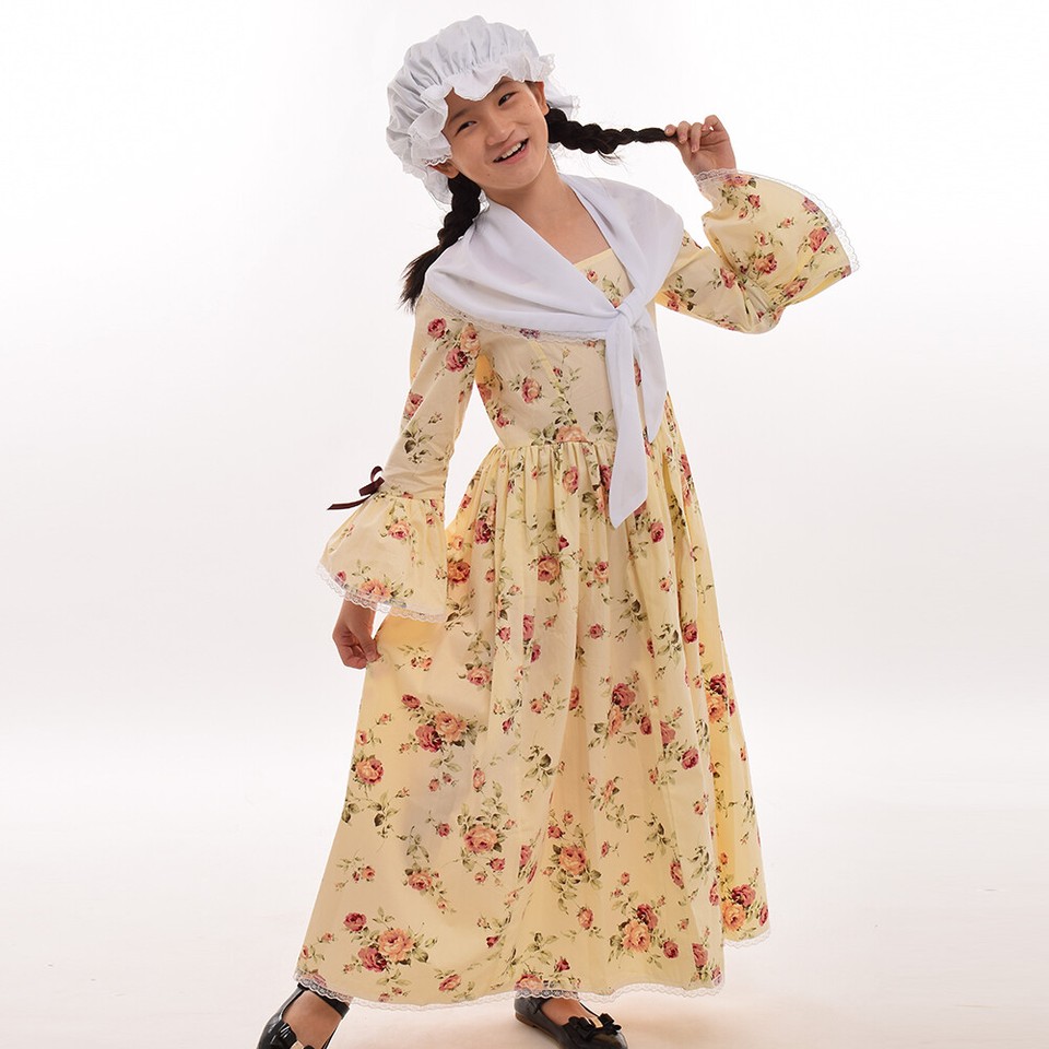 Girl's Pioneer Dress Colonial Kids Costume Shawl Hat Civil War Puritan ...