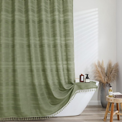 Extra Long Sage Green Shower Curtain 96 Inch Long, Boho Linen Textured ...