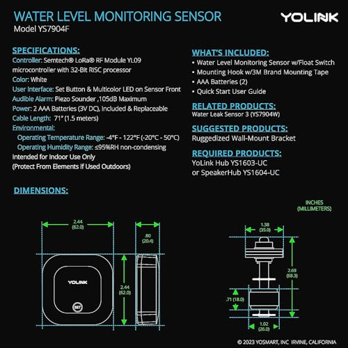 YoLink LoRa Smart Water Level Monitoring Sensor, Wireless Battery ...