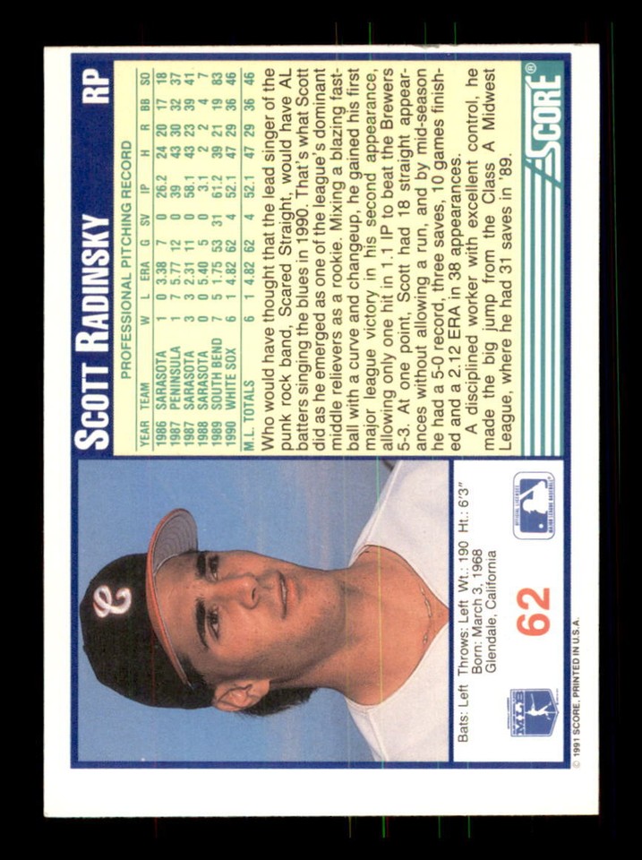 1991 Baseball Score Scott Radinsky Chicago White Sox #62 | eBay