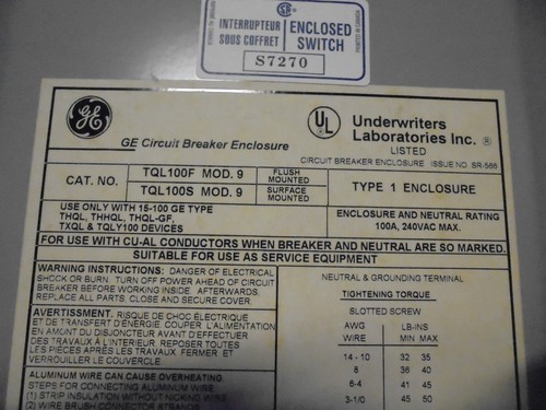 GE TQL100S, MODEL 9, 100 AMP 240 VOLT CIRCUIT BREAKER ENCLOSURE -EN35 | eBay