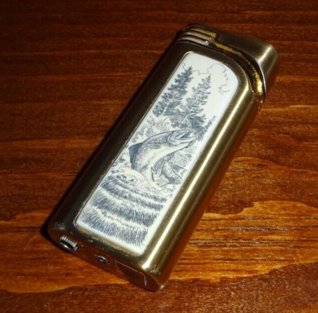 Colibri Butane Lighter, Brushed Gold, Carved Outdoor Trout Scene on ...