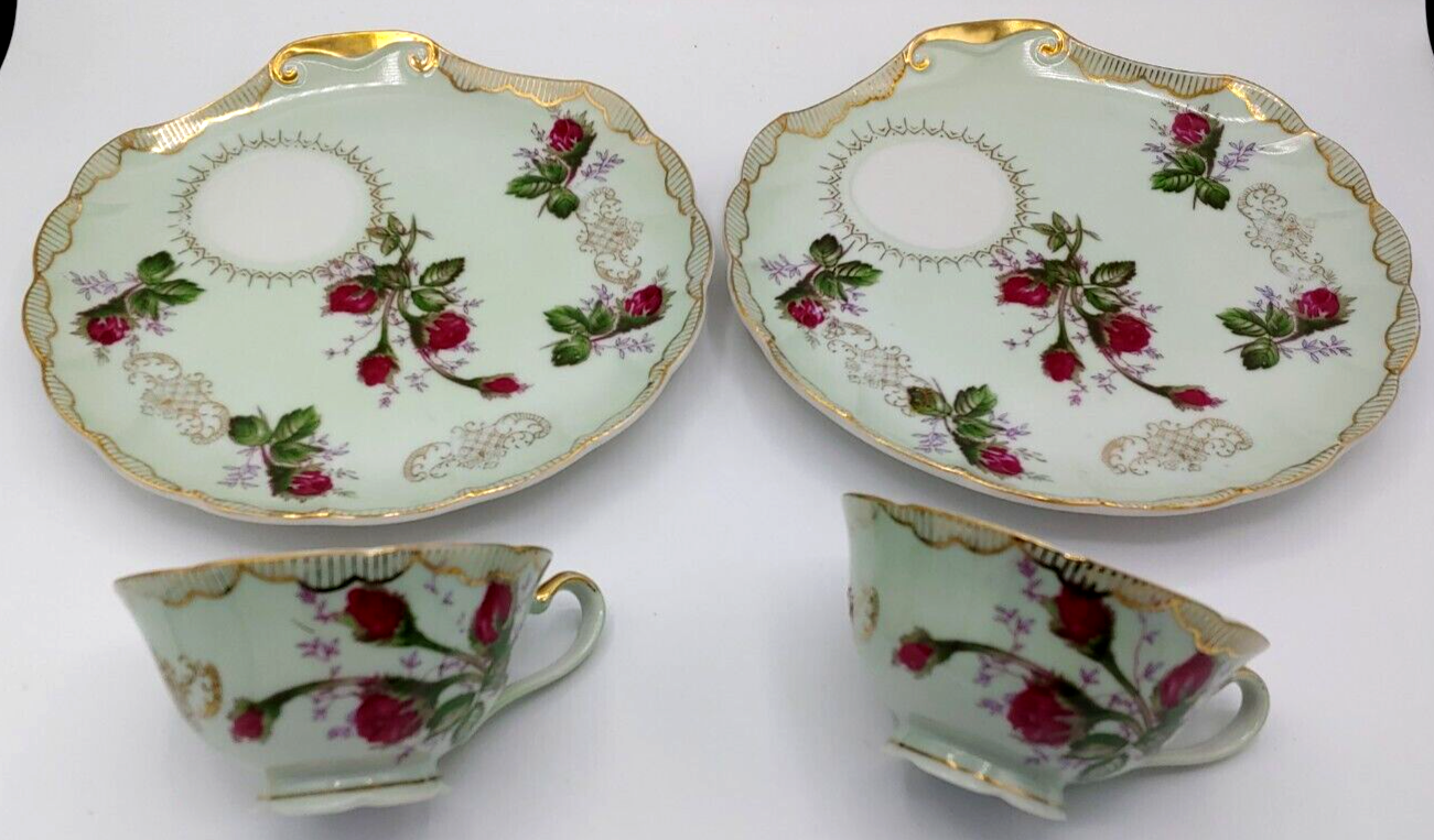 Lefton China Hand Painted Roses Luncheon Set Tea Cup & Plate Green Set ...