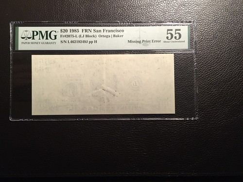 20.00 1985 FRN Missing Print Error PMG 55 About Uncirculated Minor Rust ...