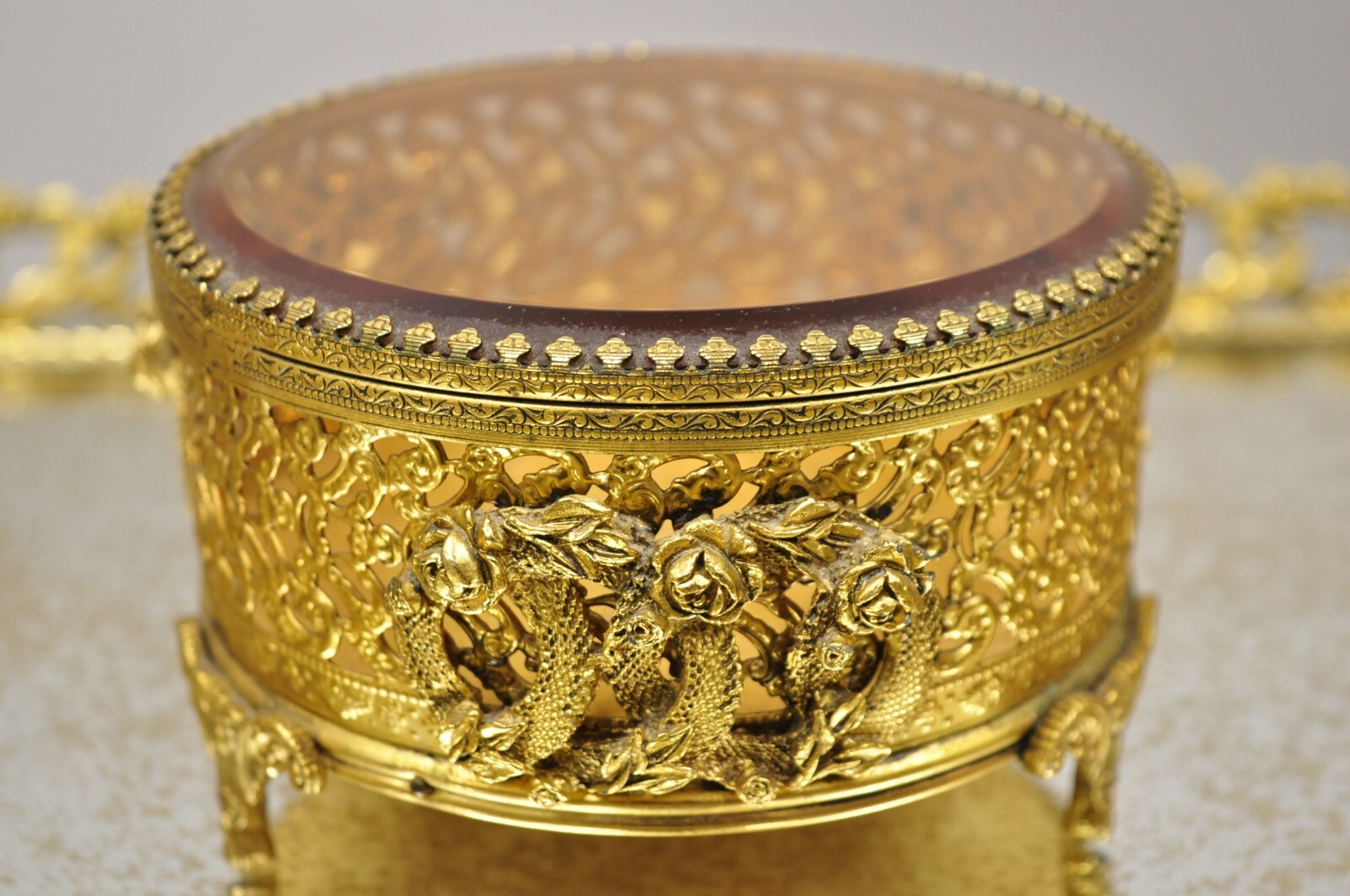 Vtg Filigree Gold French Vanity Set Perfume Bottles Clock Jewelry Box ...