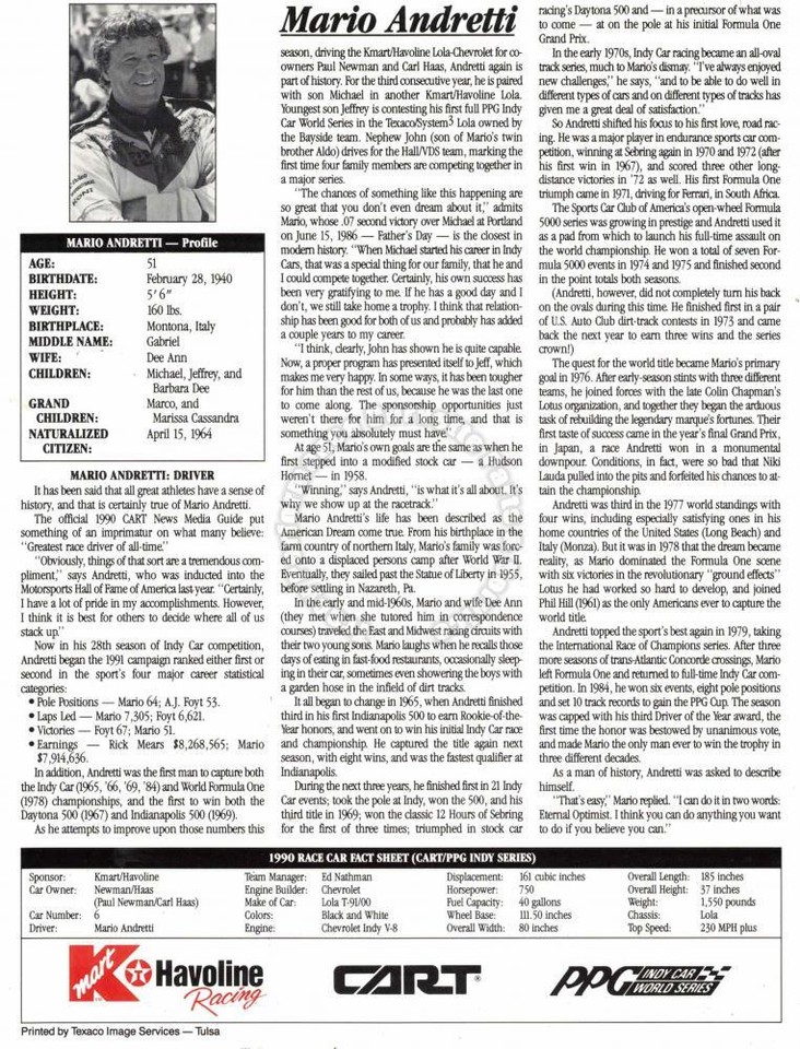 Mario Andretti Profile and 1990 Race Car Fact Sheet Cart PPG Indy ...