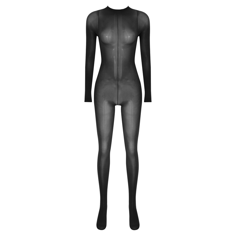 Womens Sheer Oil Glossy Bodystocking Crotchless Long Sleeve Bodysuit ...