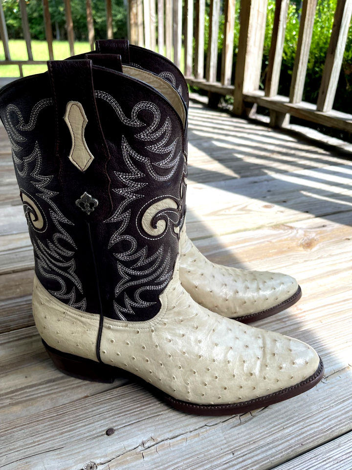 Mens Genuine Ostrich Full Quill Boots Ivory Brw Cowboy Leather Boots 8 ...